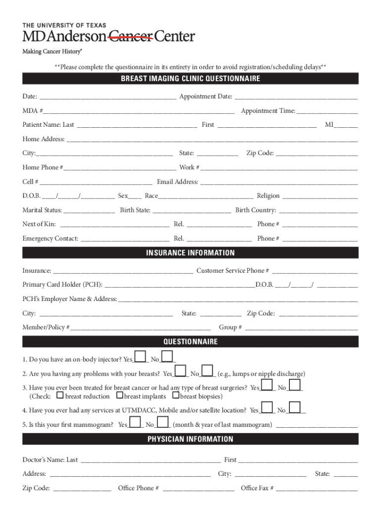 Fillable Online Mobile Mammo Patient Questionnaire. Mobile Mammo ...