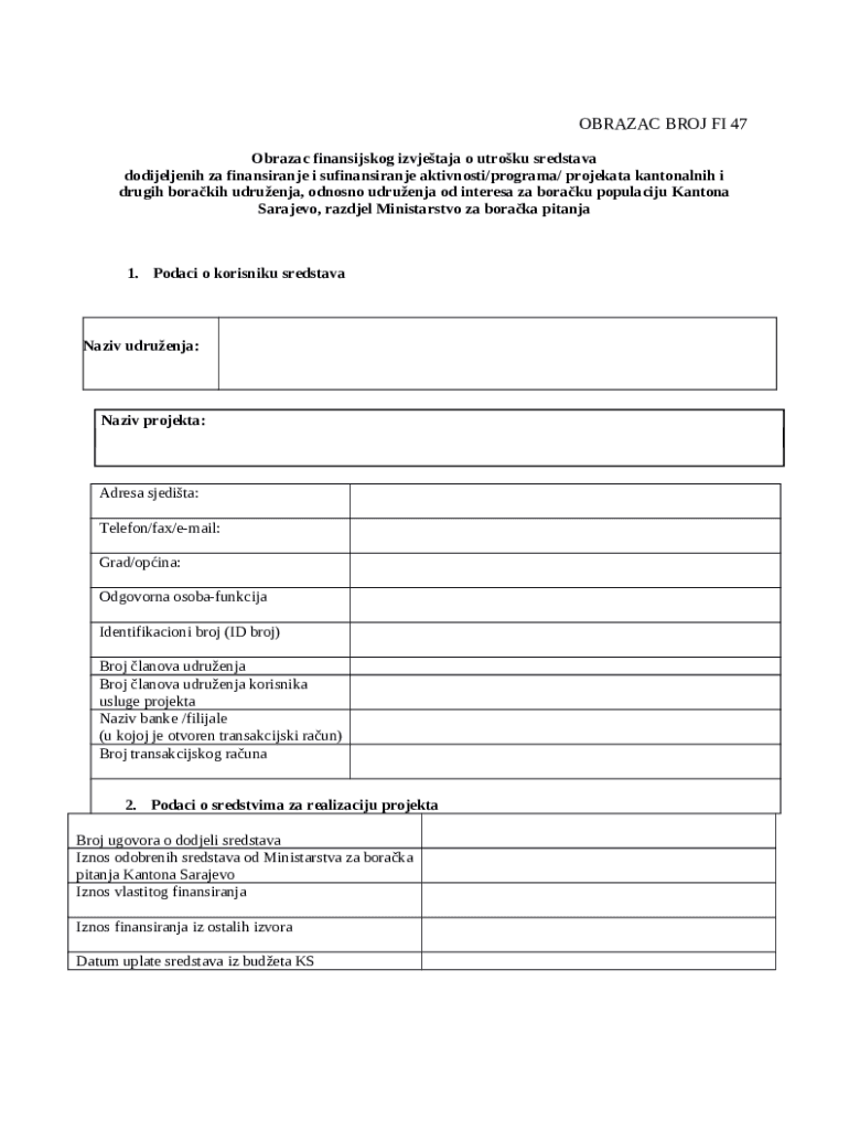 OBRAZAC BROJ FI 47 - mbp.ks.gov.ba Doc Template | pdfFiller