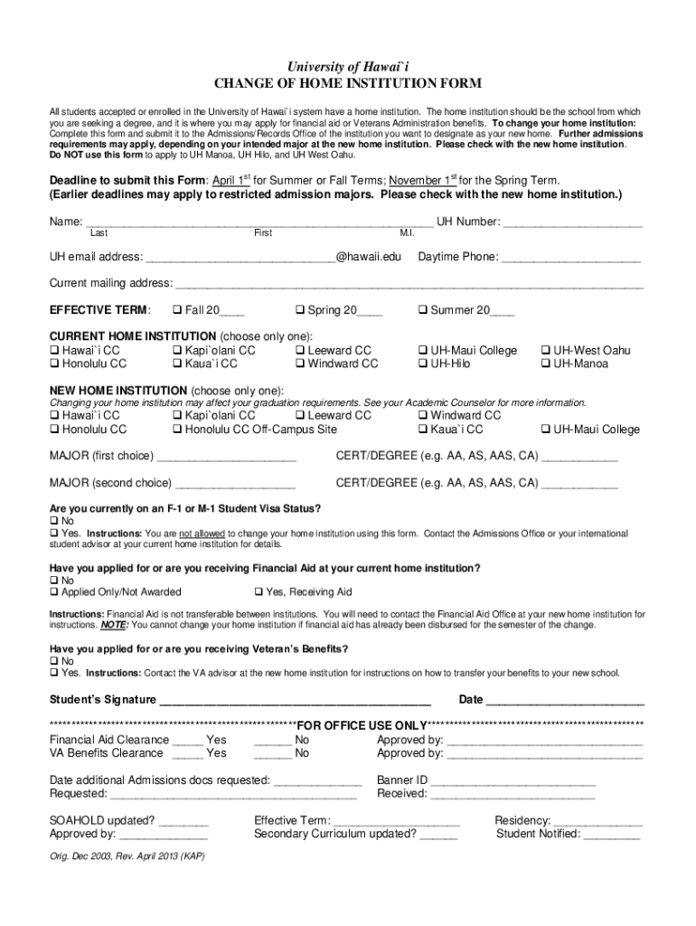 Fillable Online maui.hawaii.eduassetsformsUniversity of Hawaii Change ...