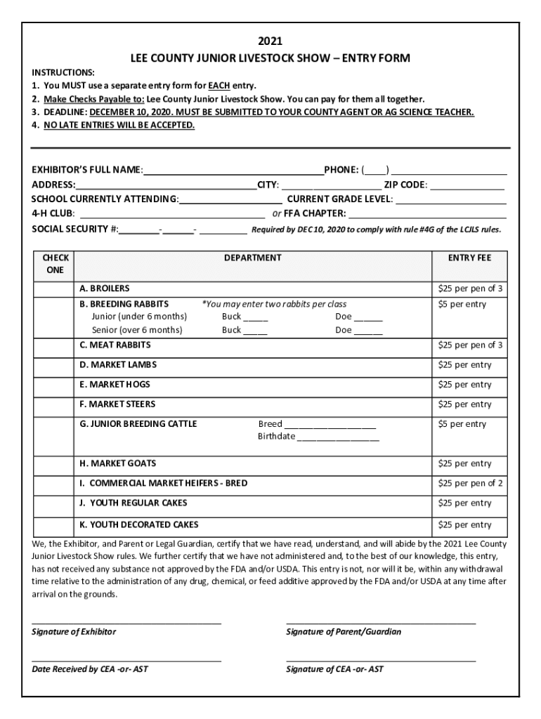 Fillable Online lee agrilife 2021 LEE COUNTY JUNIOR LIVESTOCK SHOW ...