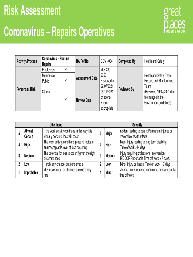 Fillable Online HEALTH & SAFETY CORONAVIRUS-COVID19 RISK ASSESSMENT ...