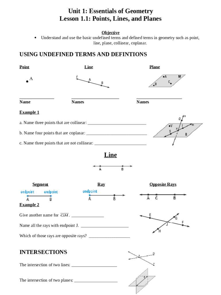 Geometry Unit 1 Lesson 1 1 1 Points Lines And Planes On Vimeo Doc Template Pdffiller