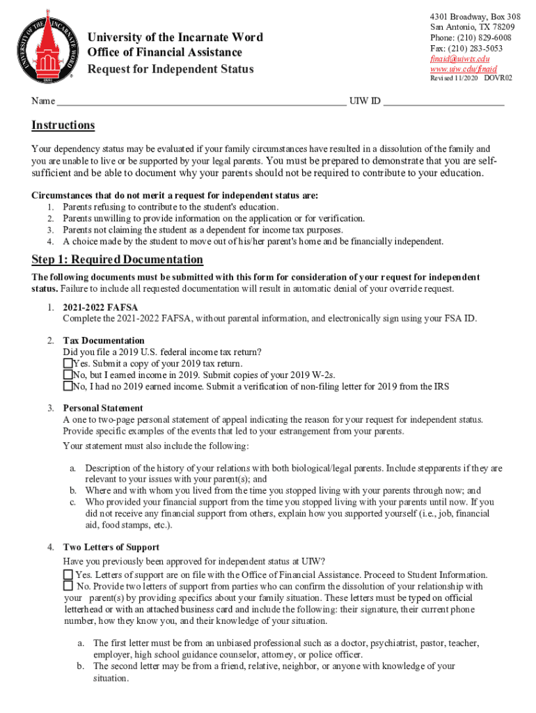 Fillable Online www.uiw.edufinaiddocs4301 Broadway, Box 308 University of the Incarnate Word San ...