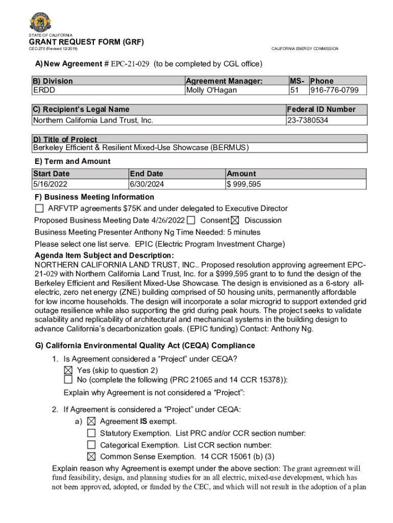 Fillable Online GRANT REQUEST FORM (GRF) A) New Agreement # EPC-21-029 ...