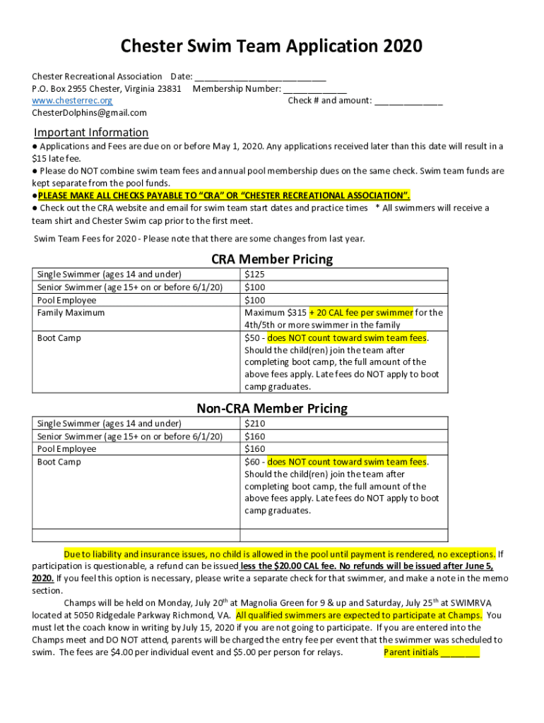 Fillable Online www.chesterrec.org03Swim-Team-Application-2015Chester ...
