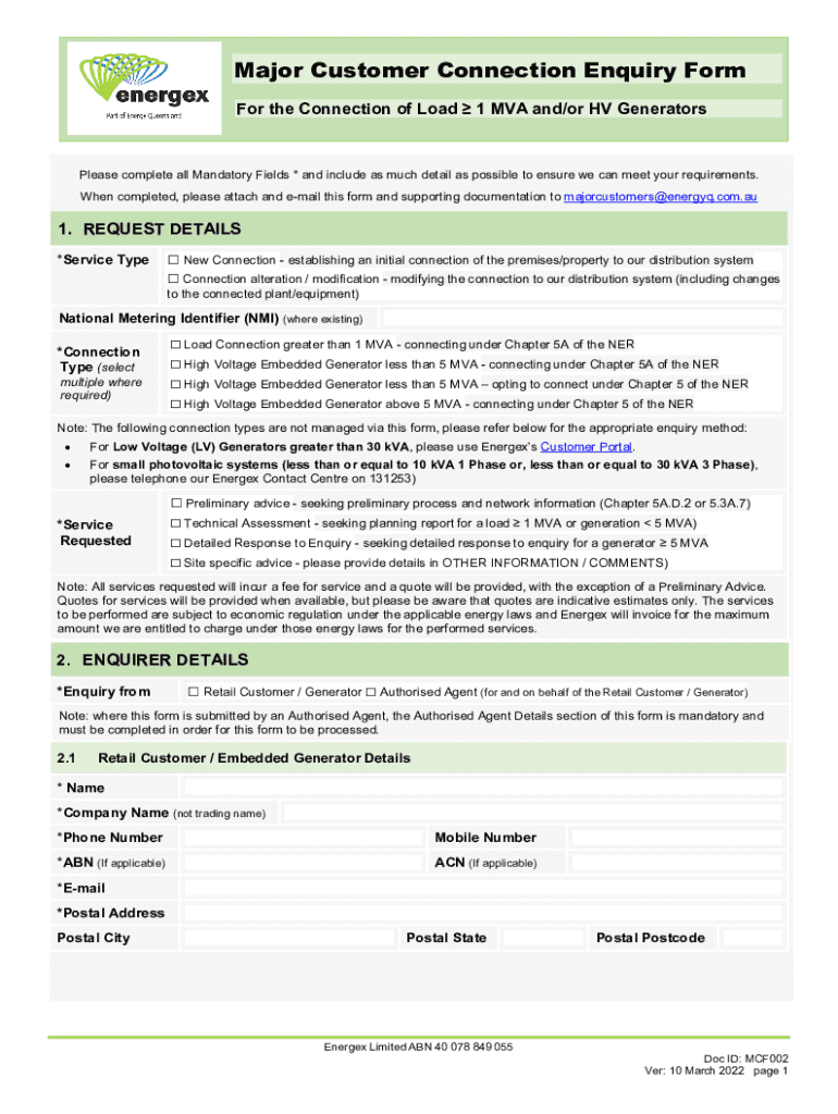 Fillable Online Major Customer Load and Connection Services Application ...