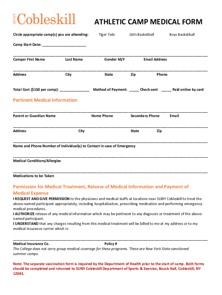 Fillable Online Summer Athletic Camp Student Medical Form Fax Email ...