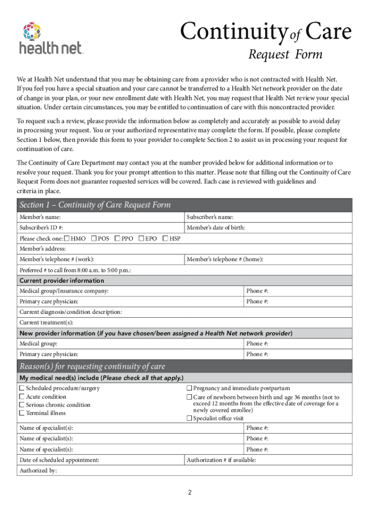 Fillable Online Continuity of Care - California Department of ...