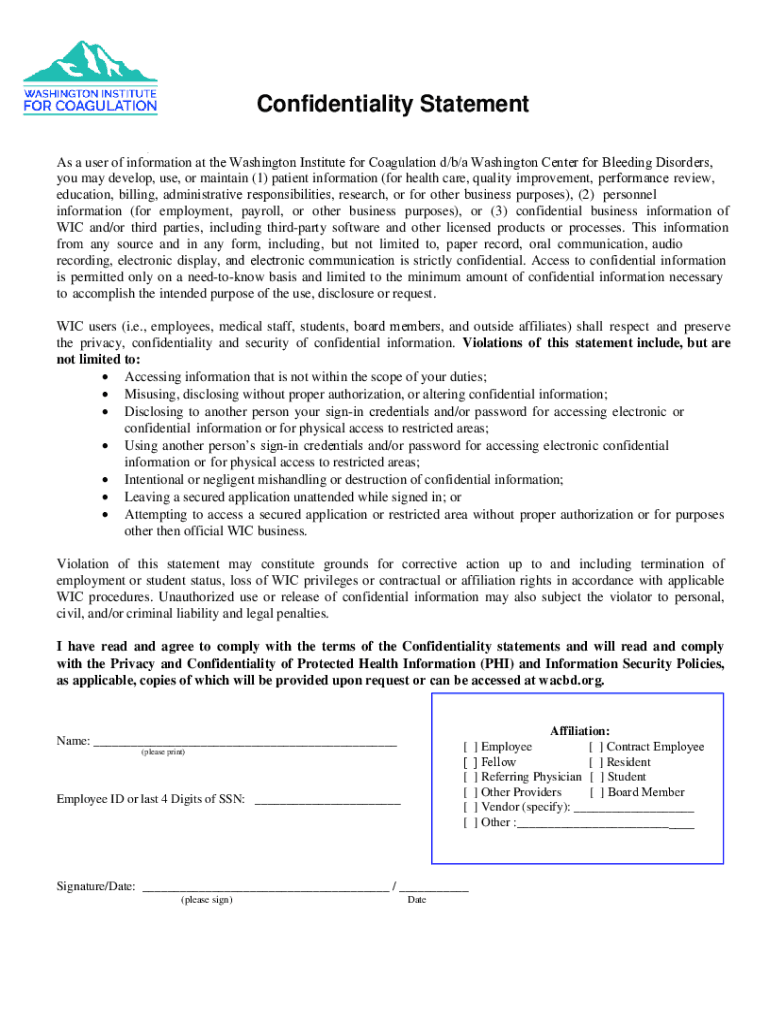 Fillable Online Confidentiality Statement Form Fax Email Print - pdfFiller
