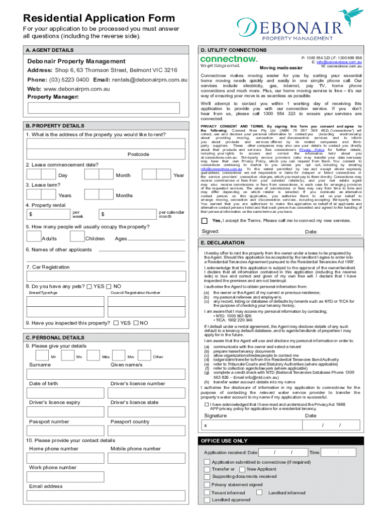 Fillable Online Residential Application Form - debonairpm.com.au Fax ...