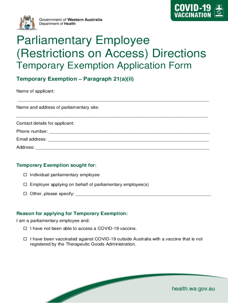Fillable Online Parliamentary Employee (Restrictions on Access) Directions - Temporary Exemption ...