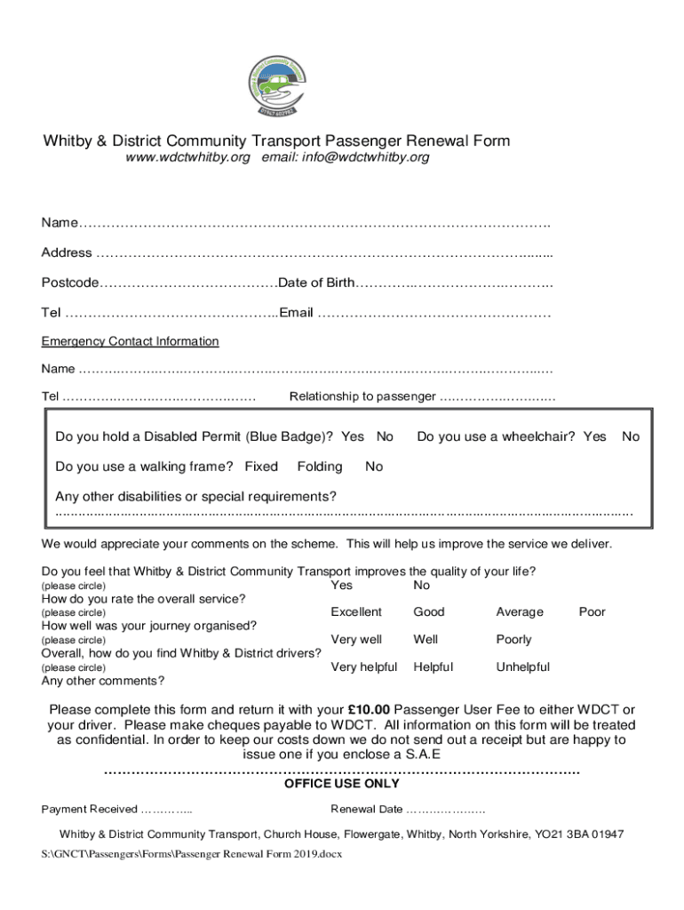Fillable Online Whitby & District Community Transport Passenger ...
