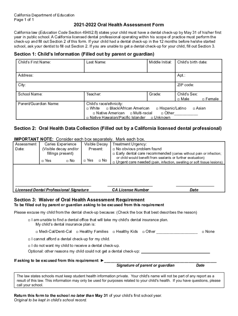 Fillable Online 2021-2022 Oral Health Assessment Form Fax Email Print ...