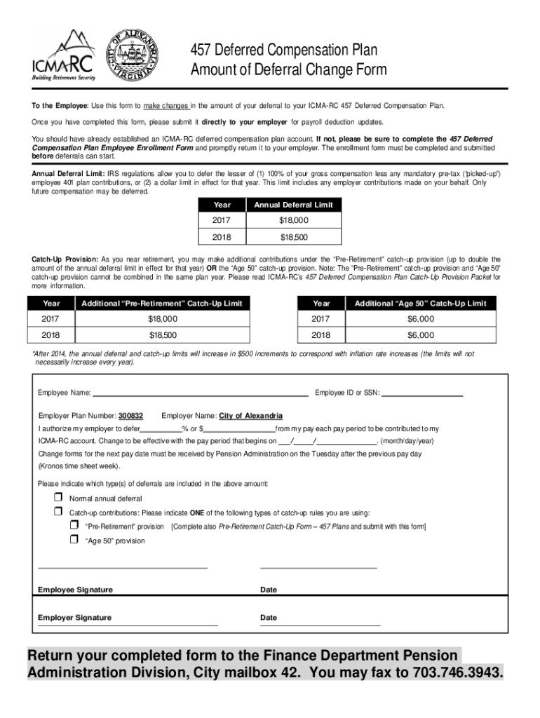 Fillable Online 457 Deferred Compensation Plan Amount of Deferral ...