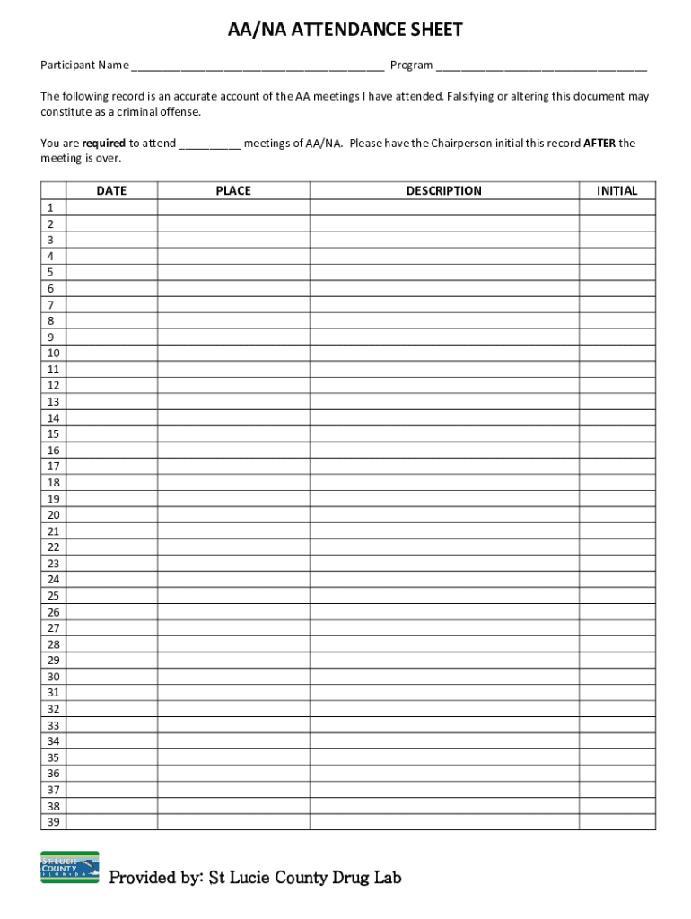 Fillable Online AA/NA ATTENDANCE SHEET - St. Lucie County, Florida Fax ...