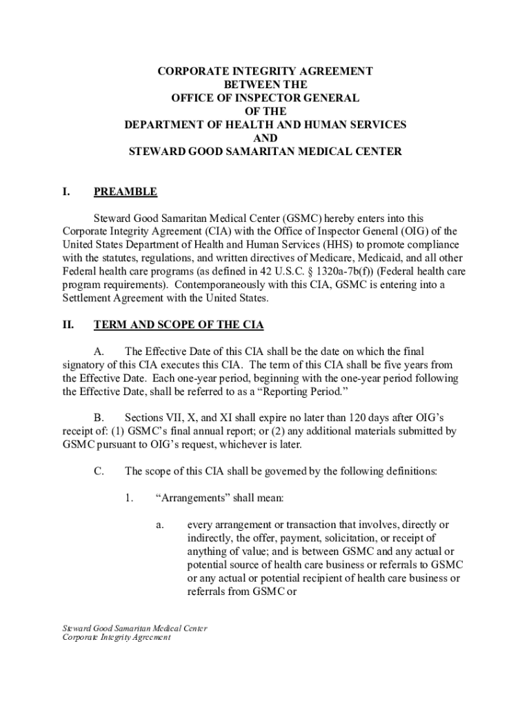 Fillable Online oig hhs Steward Good Samaritan Medical Center Corporate ...