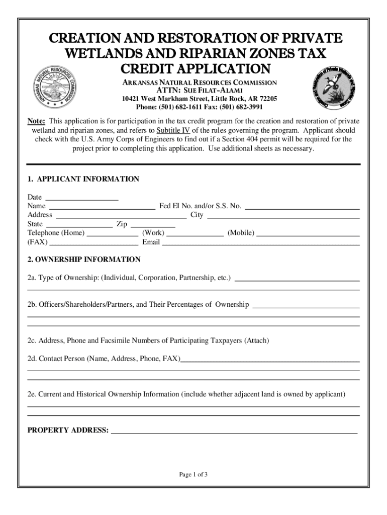 Fillable Online static.ark.orgeeuploadsanrcWETLANDS AND RIPARIAN ZONES CONSERVATION TAX CREDIT ...
