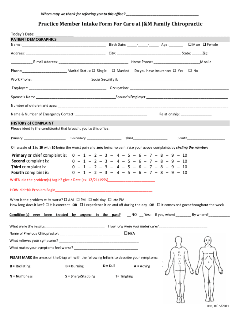 Fillable Online Practice Member Intake Form For Care at J&M Family ...