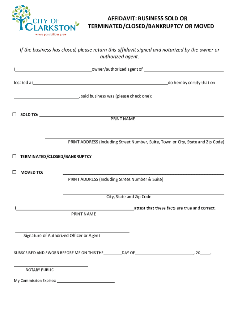 Fillable Online AFFIDAVIT: BUSINESS SOLD OR TERMINATED/CLOSED ... Fax ...