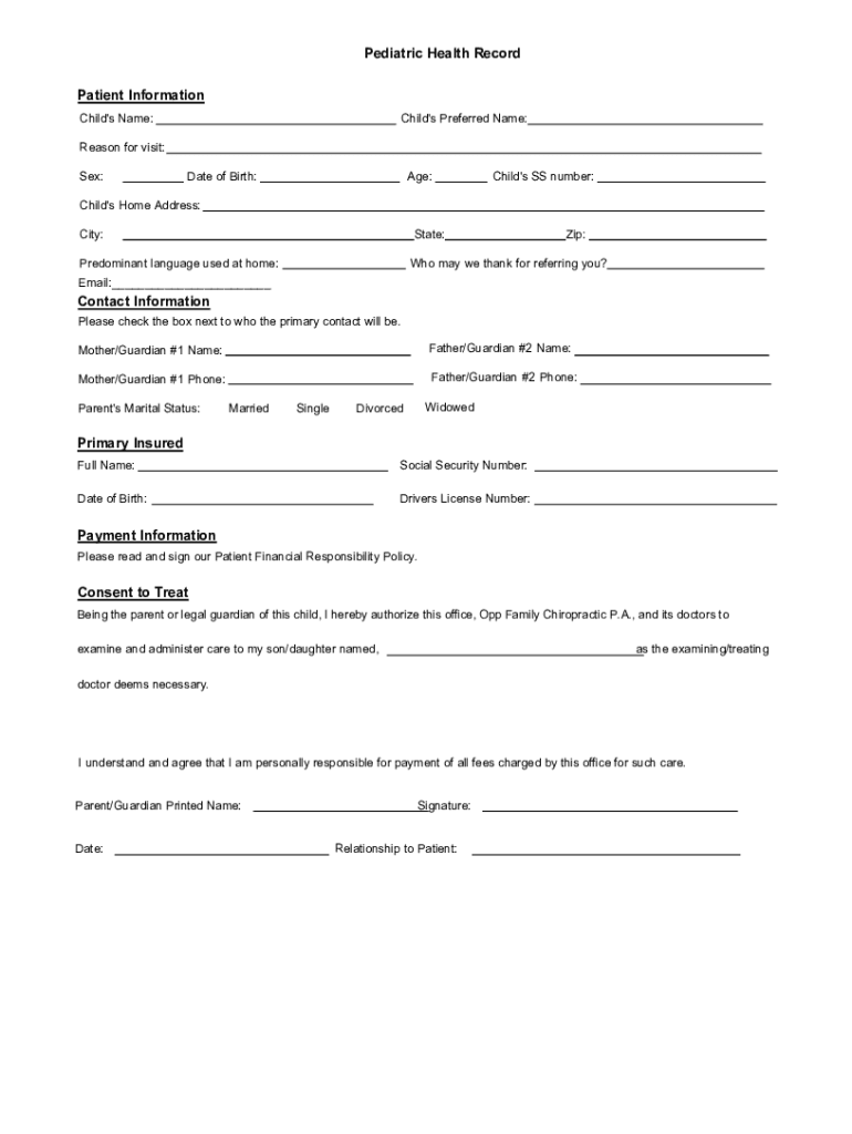 Fillable Online CHILD Patient Information Patients Name Preferred Name ...