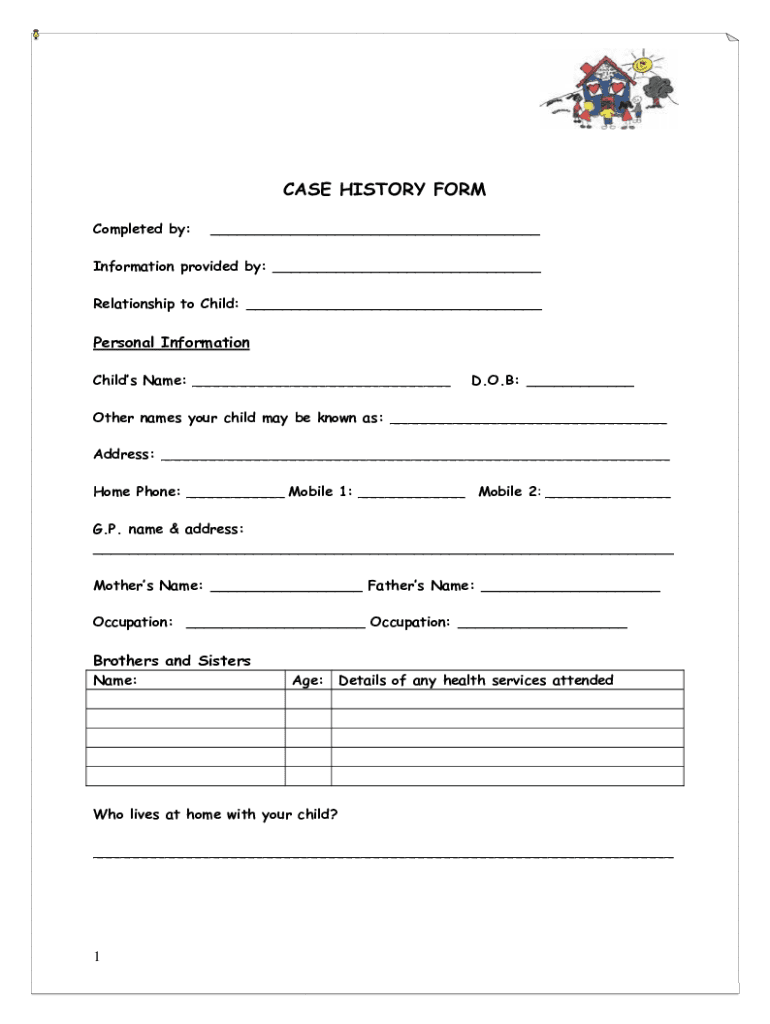 Fillable Online Sample Pediatric Hearing Case History Form - Course ...