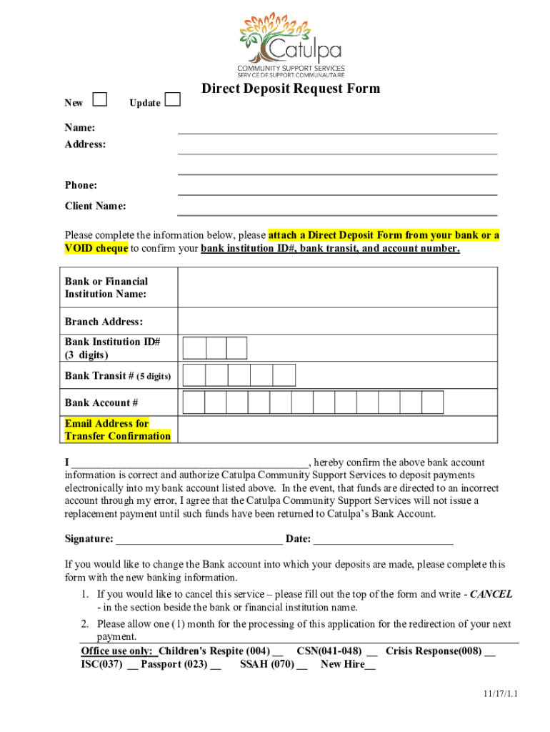 Fillable Online catulpa on Direct Deposit Request Form Fax Email Print ...