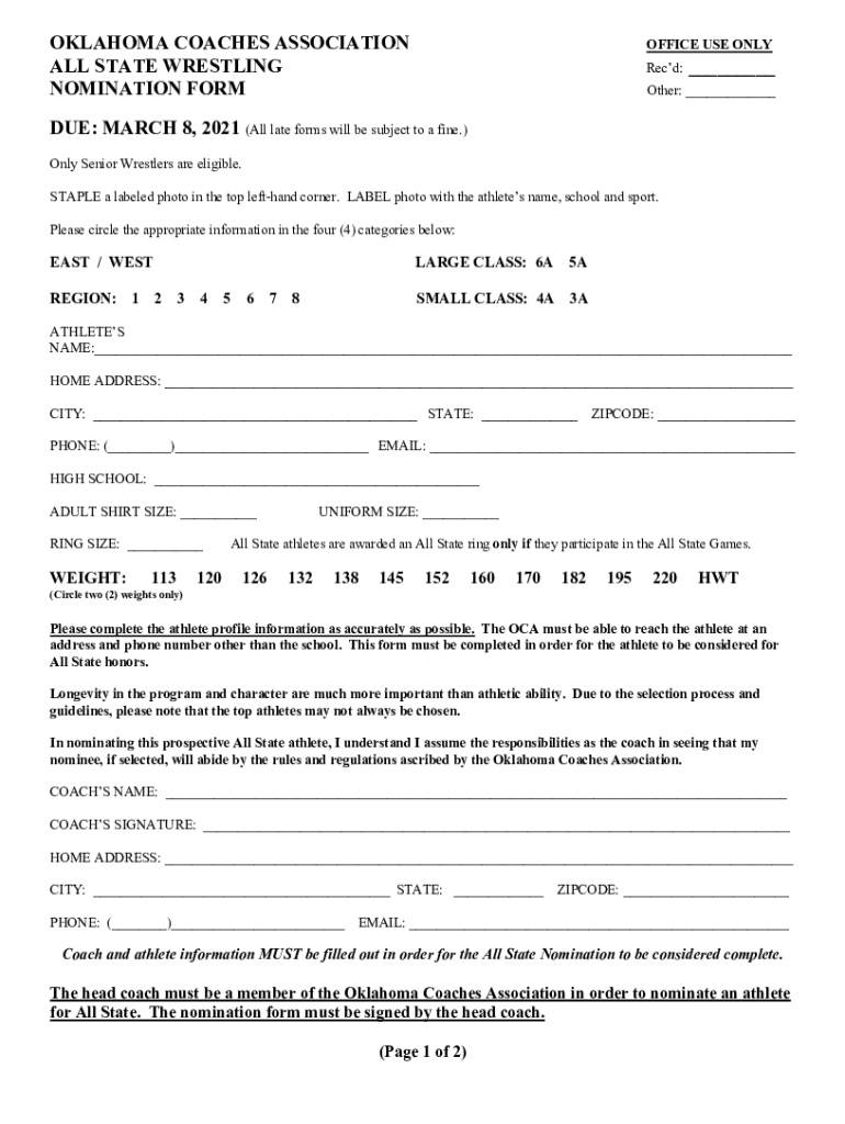 Fillable Online Nomination Forms - Oklahoma Coaches Association Fax ...