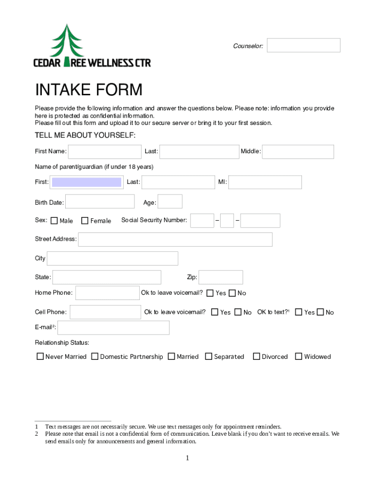 Fillable Online Counseling Intake Form Template - Fill Online, Printable, Fillable ... Fax Email ...