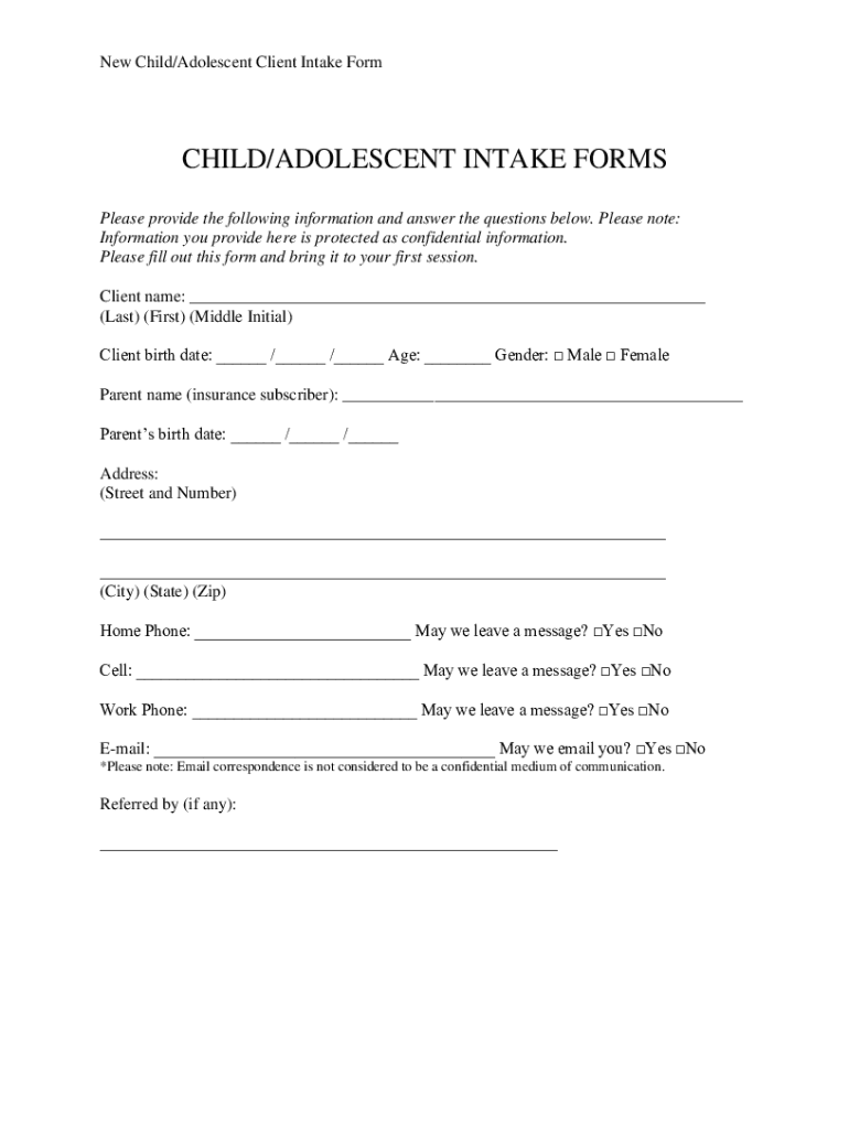 Fillable Online Child/Adolescent Intake Form Child/Adolescent please ...