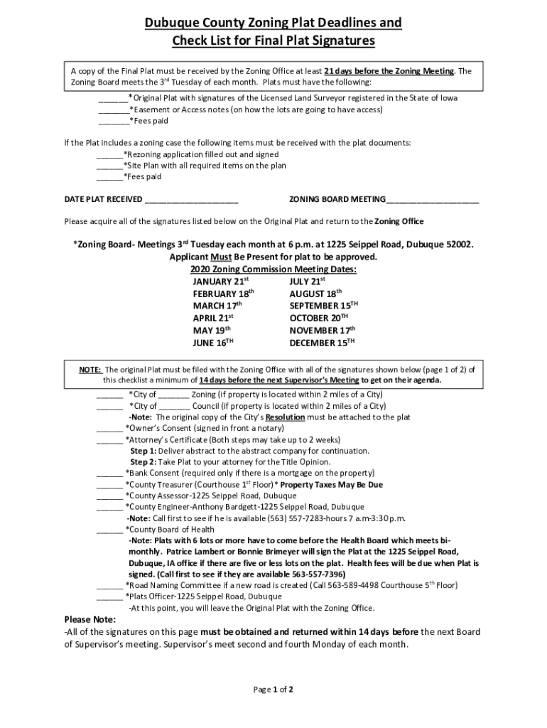Fillable Online Dubuque County Zoning Plat Deadlines and Check List for ...