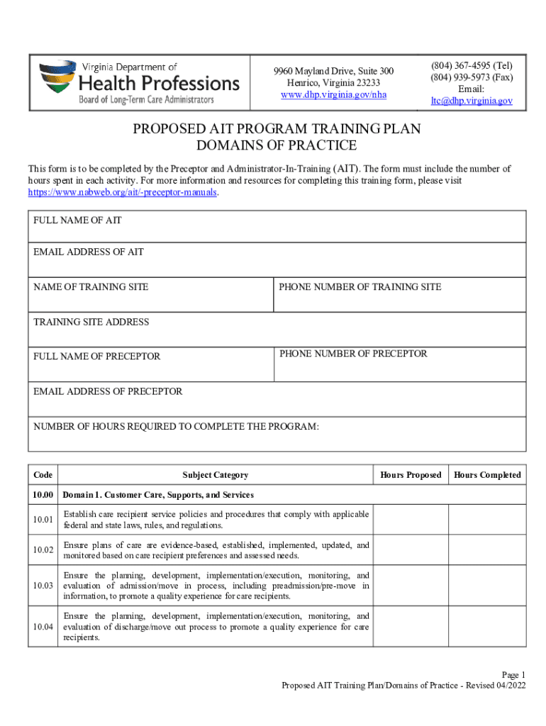 Fillable Online Proposed AIT Program Training Plan - Domains of ...