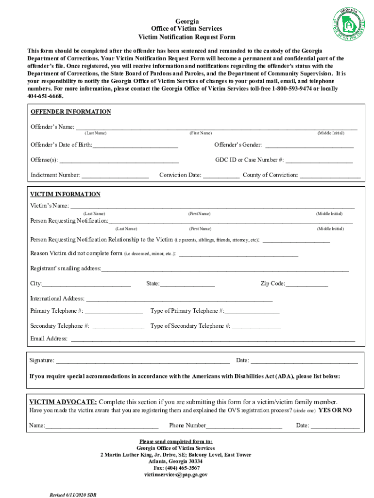 Fillable Online Georgia Office of Victim Services Victim Notification ...