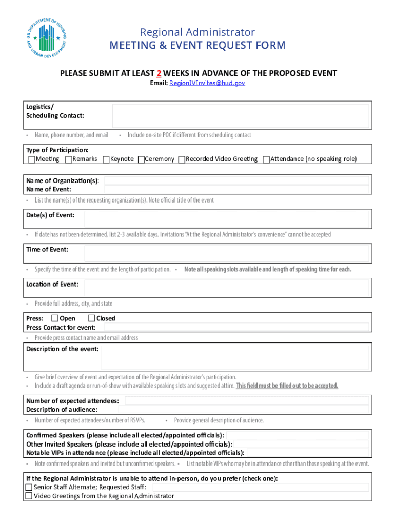 Fillable Online Regional Administrator MEETING & EVENT REQUEST FORM Fax Email Print - pdfFiller