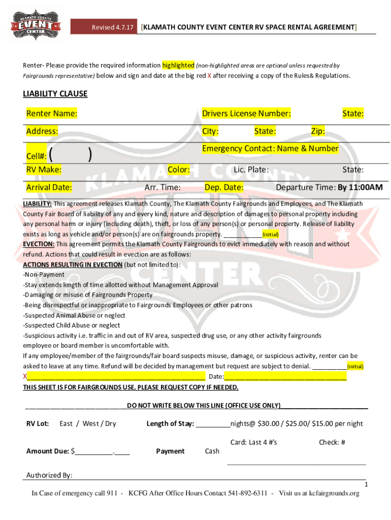 Fillable Online Klamath County EVENT CENTER RV space rental agreement Fax Email Print - pdfFiller