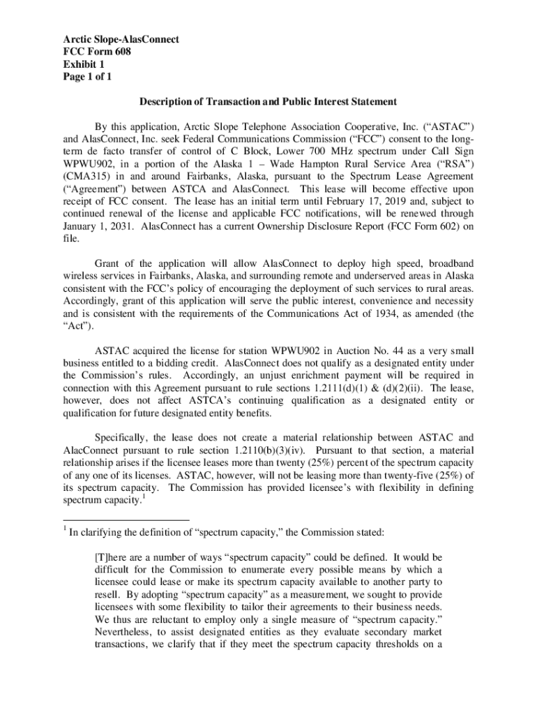 Fillable Online FCC FORM 608 EXHIBIT 1 PAGE 1 of 6 DESCRIPTION OF ...