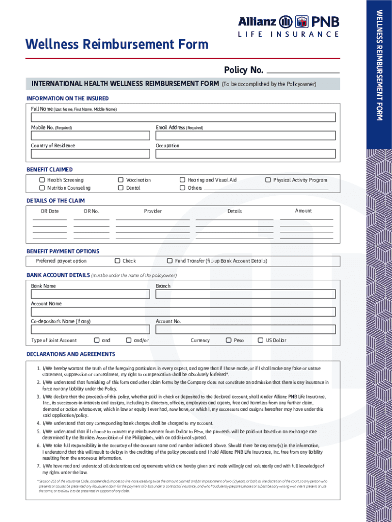 Fillable Online Allianz PNB LifeIHP Wellness Reimbursement Form Final ...