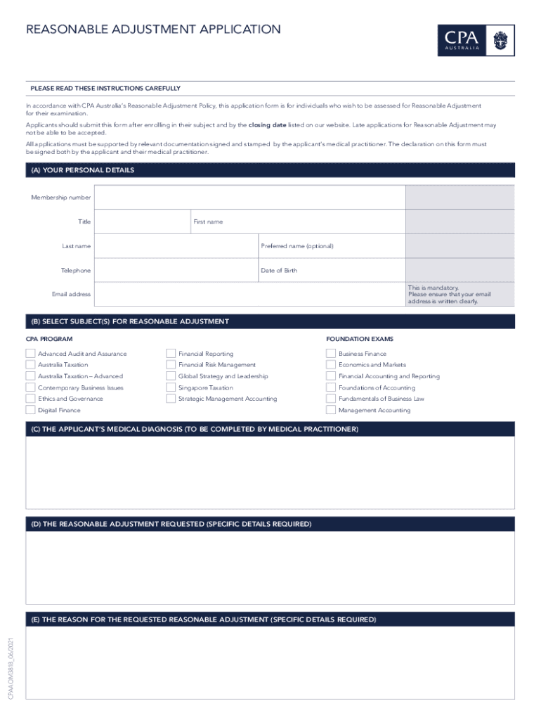 Fillable Online Reasonable Adjustment Application Form - CPA Australia Fax Email Print - pdfFiller