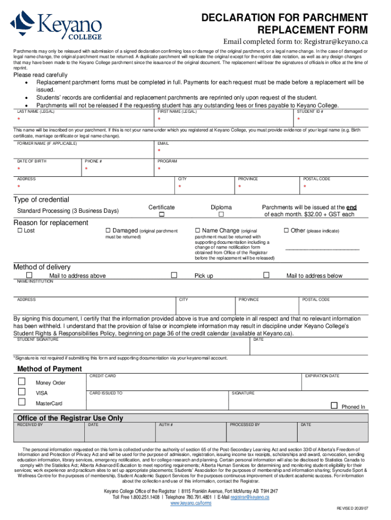 Fillable Online www.keyano.caParchment-Replacement-FormDECLARATION FOR PARCHMENT REPLACEMENT ...