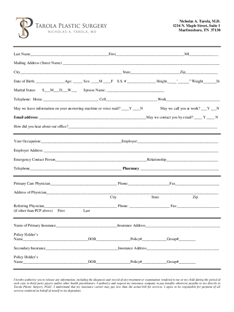 Fillable Online Tarola Plastic Surgery Registration Form Fax Email ...