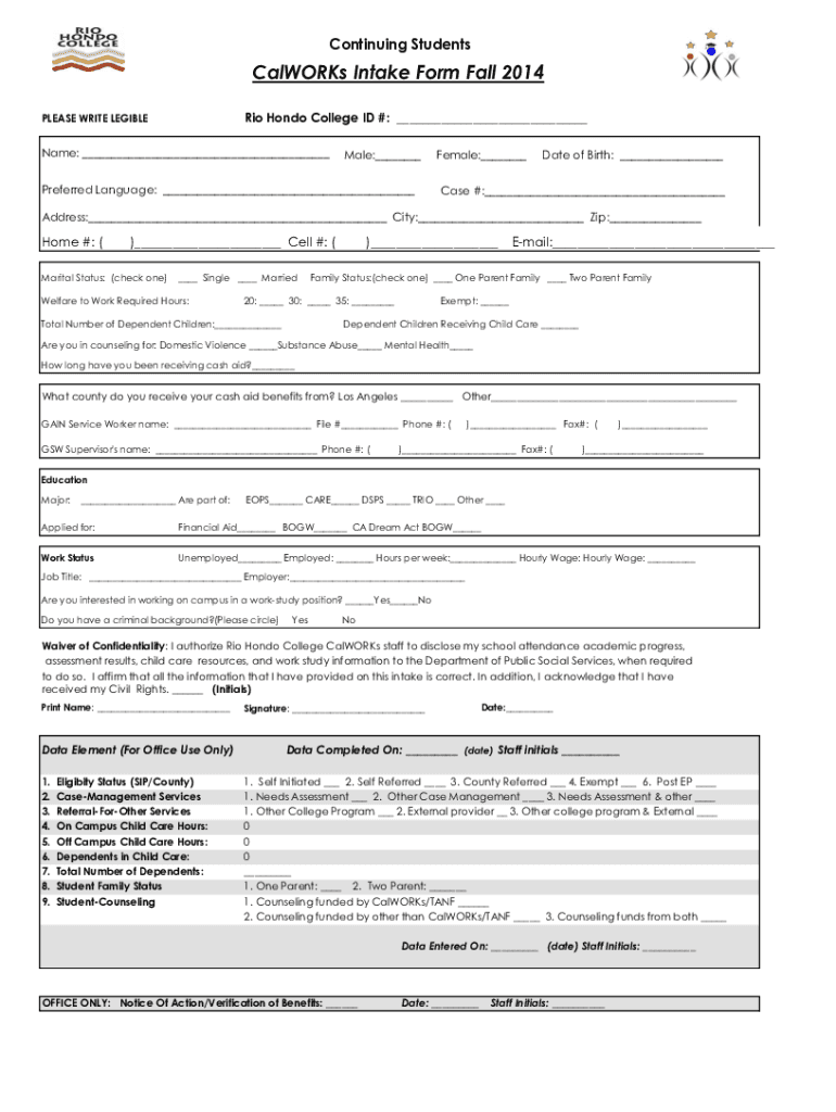 Fillable Online Continuing Students CalWORKs Intake Form Fall 2014 Fax ...