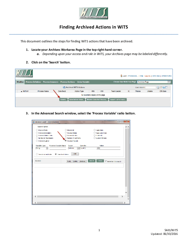 Fillable Online QRG Finding Archived Actions in WiTS. how to print wits ...