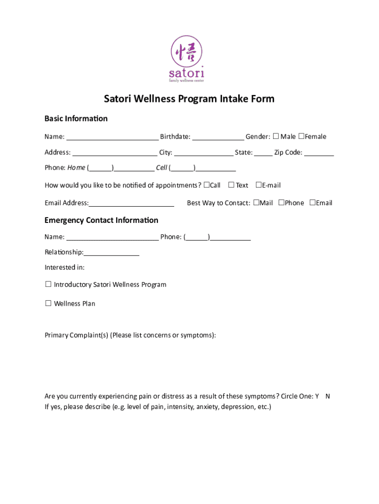 Fillable Online Satori Wellness Program Intake Form Fax Email Print ...
