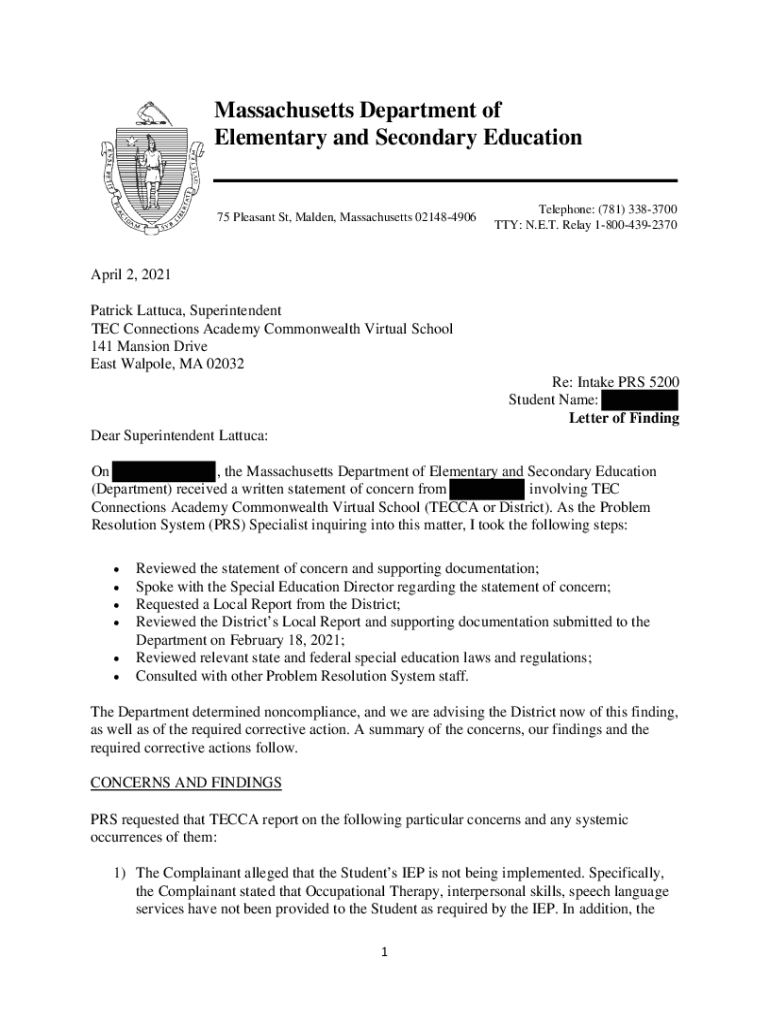 Fillable Online Massachusetts Department of Elementary and Secondary ...