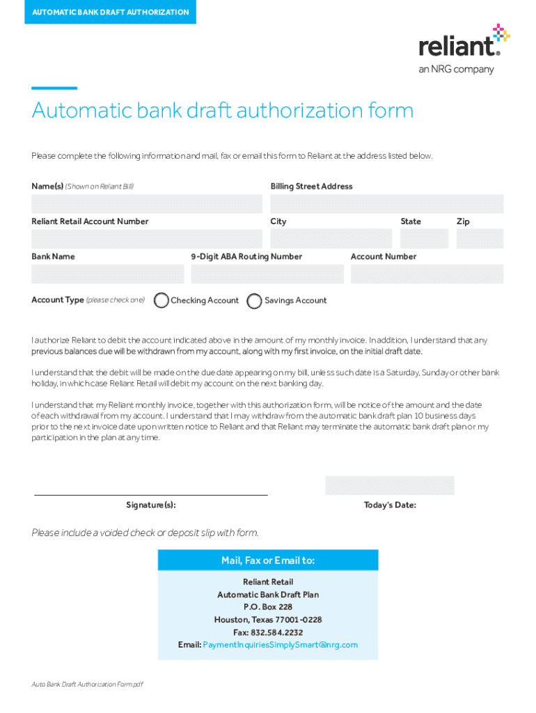 Fillable Online AUTOMATIC BANK DRAFT AUTHORIZATION FORM Fax Email Print - pdfFiller