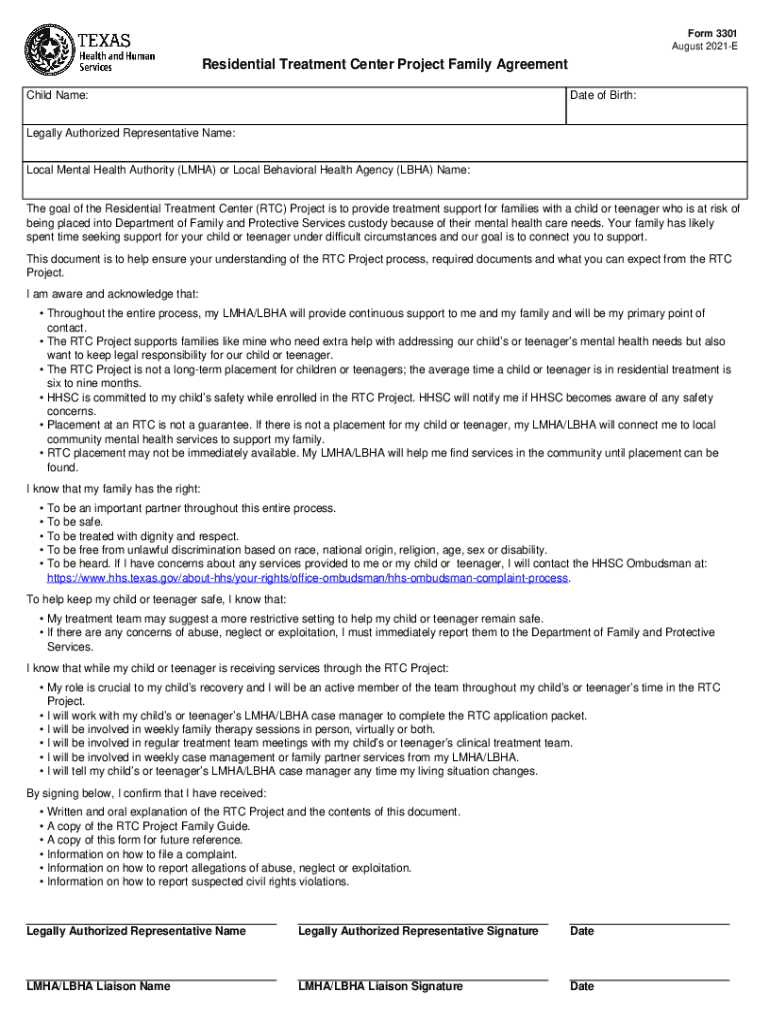 Fillable Online Form 3301, Residential Treatment Center Project Family ...