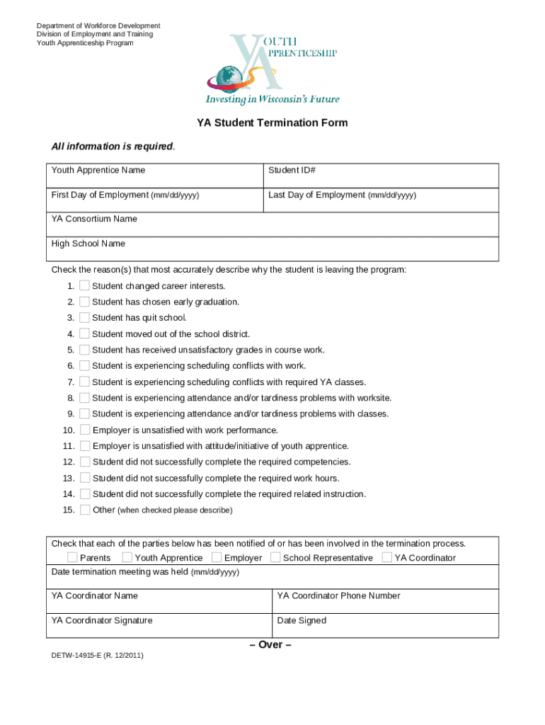 YA Student Termination - dwd wisconsin Doc TemplatepdfFiller Doc ...