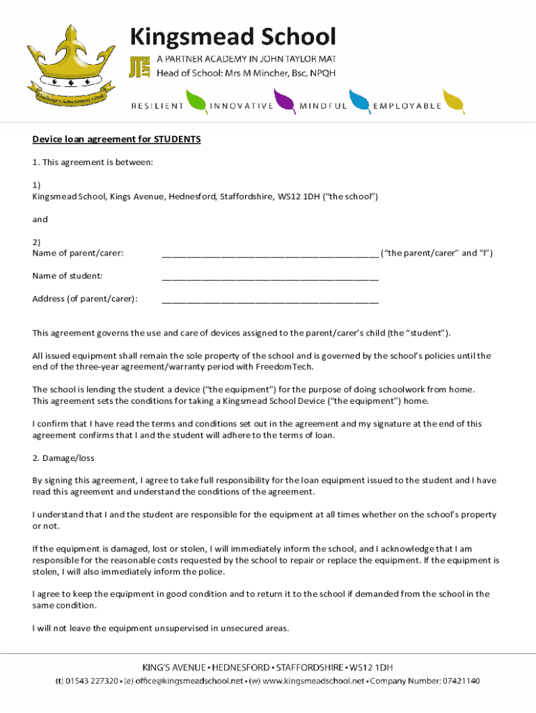 Fillable Online DEVICE LOAN AGREEMENT Student Pledge for Device Use ...