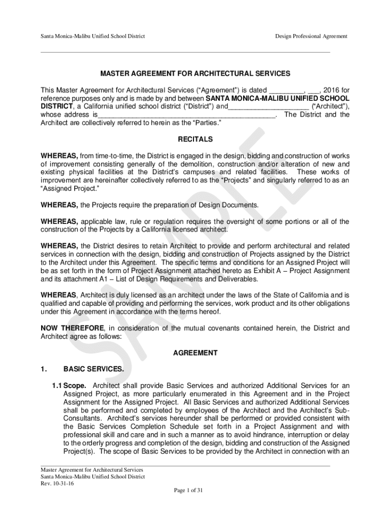 Fillable Online MASTER AGREEMENT FOR ARCHITECTURAL SERVICES SANTA ...