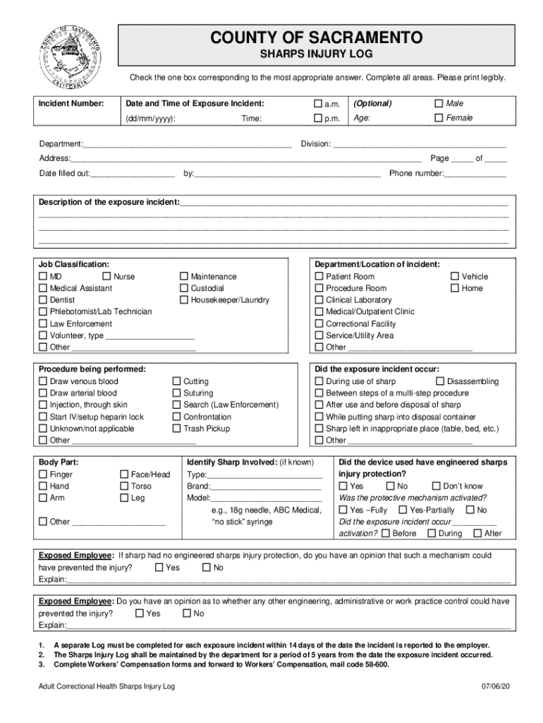 Fillable Online Sharps Injury LogEnvironmental Health and SafetyCSUSB ...