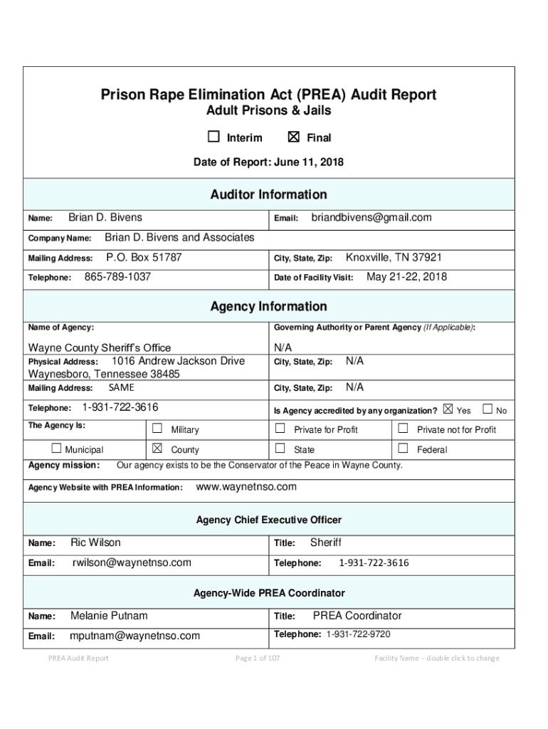 Fillable Online Prison Rape Elimination Act (PREA) Audit Report Adult ...
